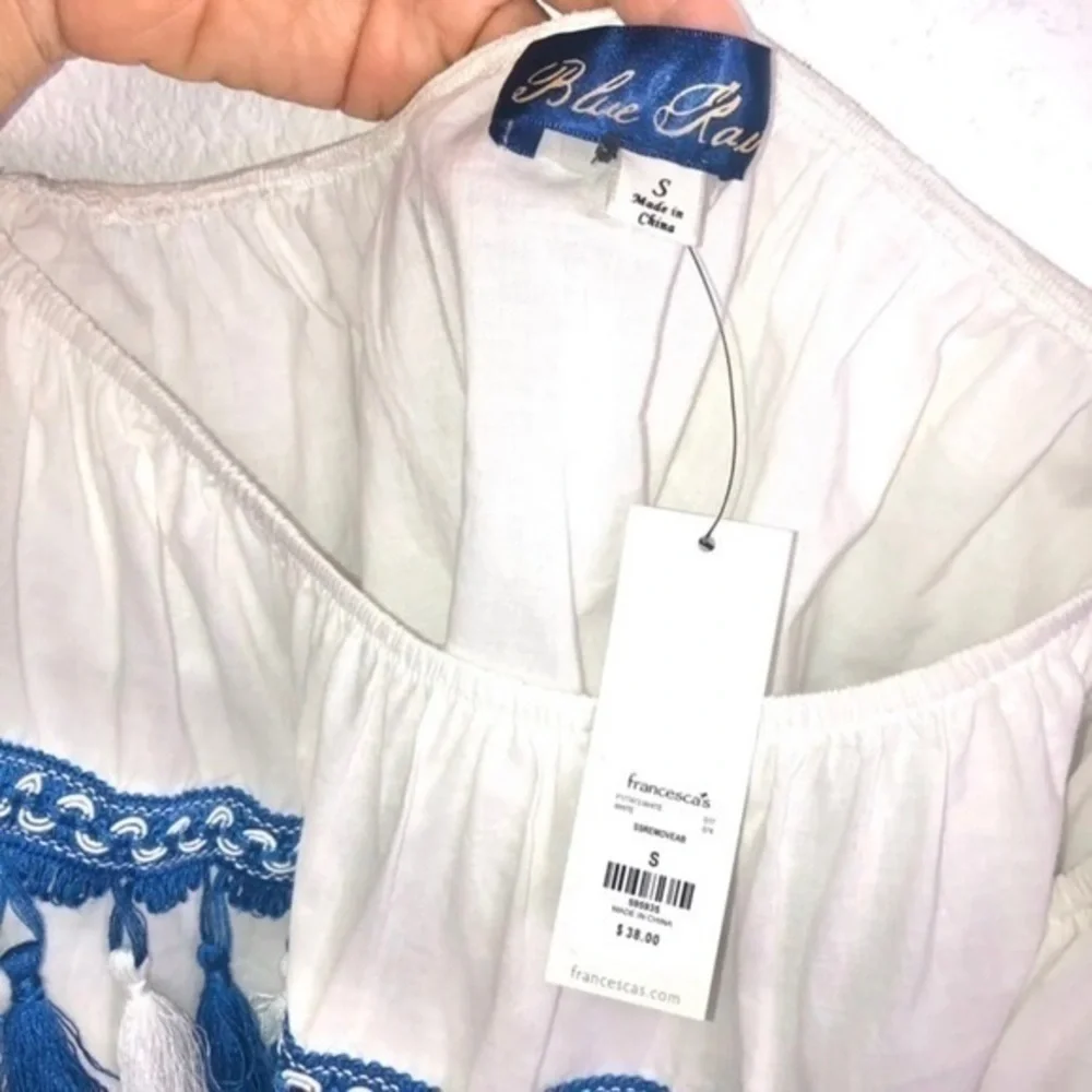 Blue Rain | Tops | New Blue Rain Off Shoulder White Top With Blue ...